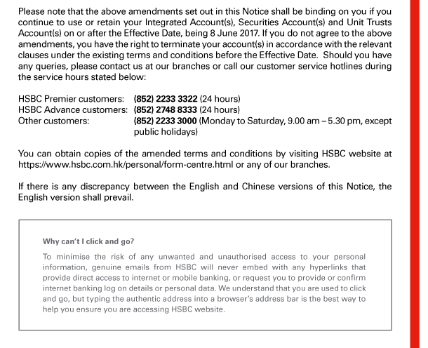 Notice of Changes on the Terms and Conditions, effective 8 June 2017